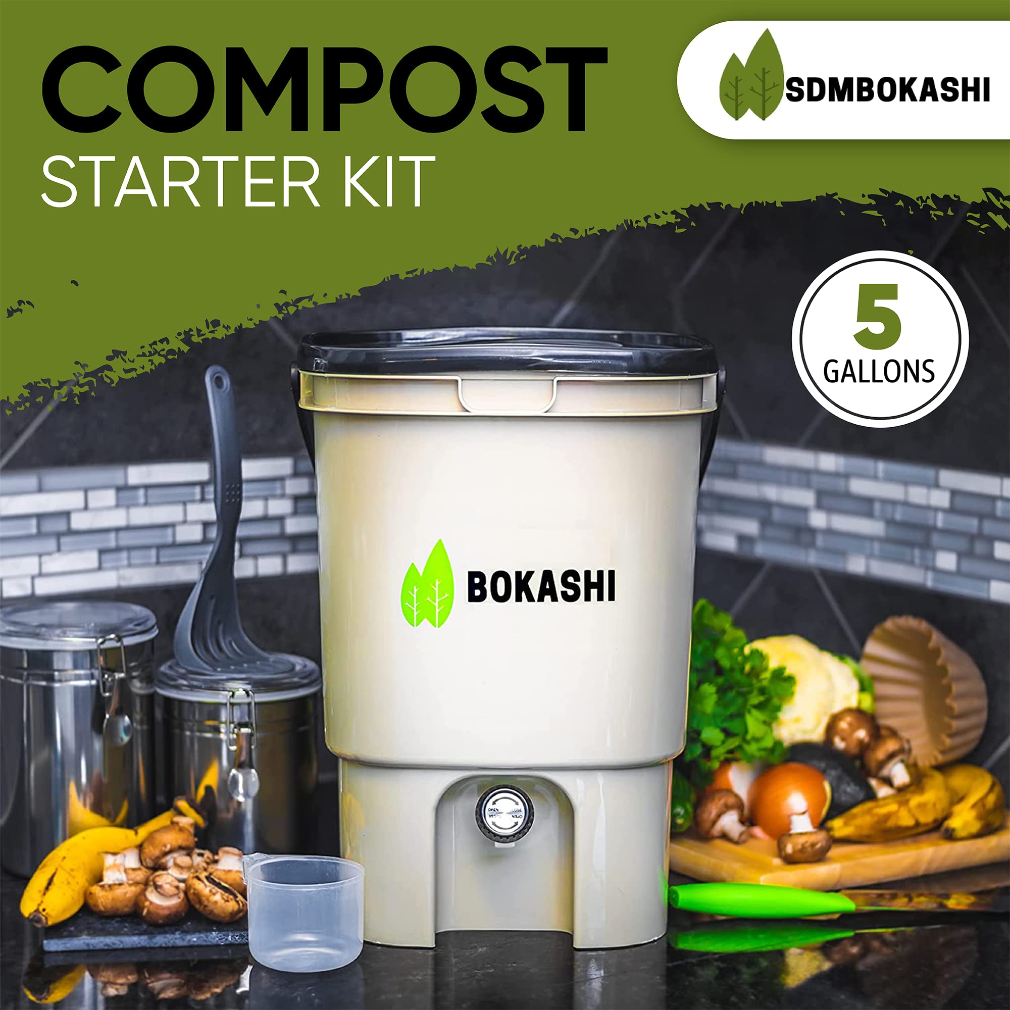 Bokashi Compost Starter Kit - 4.4 lb Organic Bokashi Compost Starter - 2 Airtight Bins, and Detailed Instructions. Attractive Bokashi Compost Bin. Bokashi Compost Bucket - (Black LID)