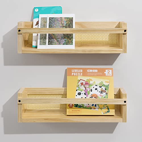 Petrala Boho Rattan Floating Shelves Set of 2, Natural Wood Wall Mounted Shelves for Wall Decor Bedroom Living Room Bathroom Office