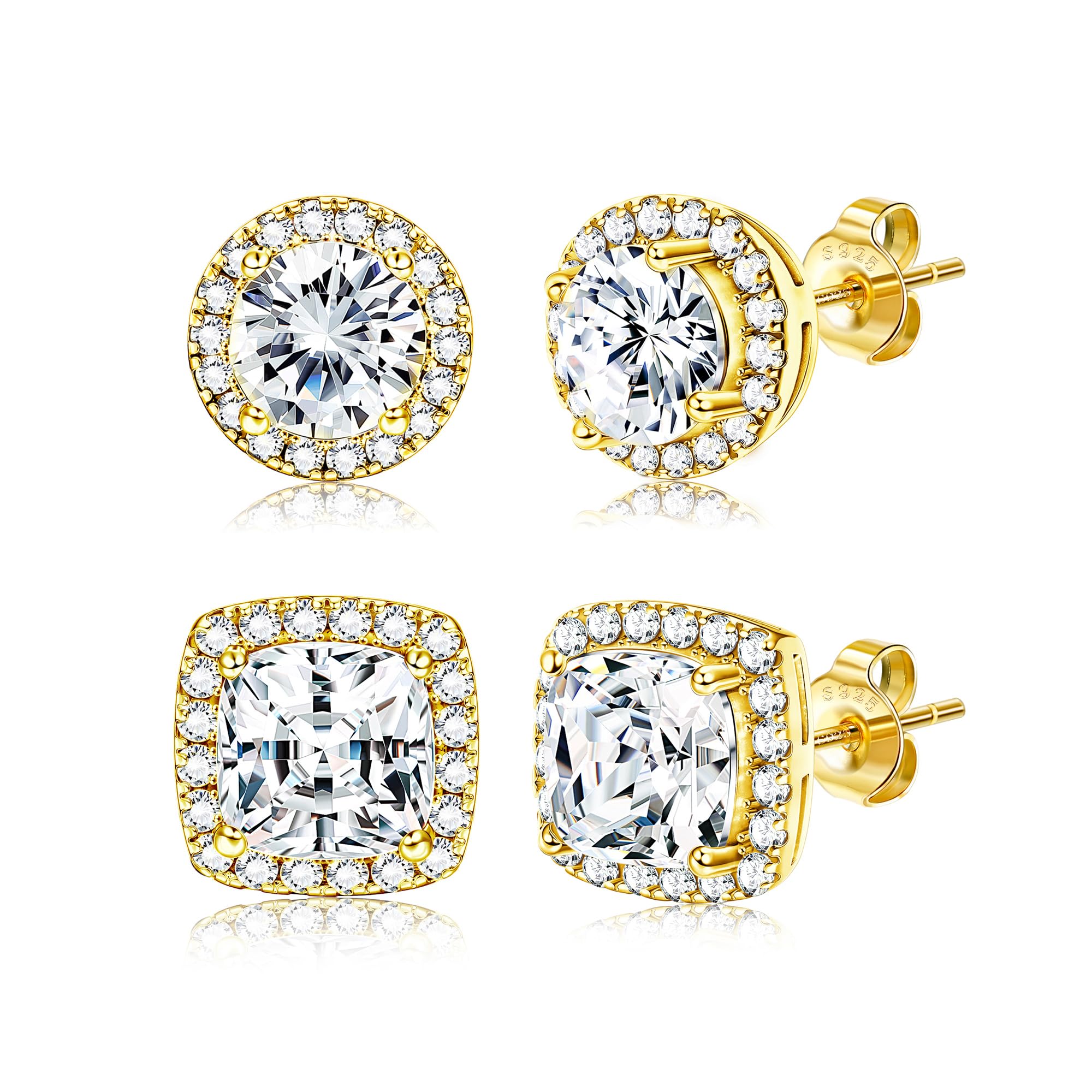 Hayoso 18K Gold Plated Halo Stud Earrings 925 Sterling Silver Cubic Zirconia, Round Square Diamonique Stud Earrings Set for Women Men - Gold