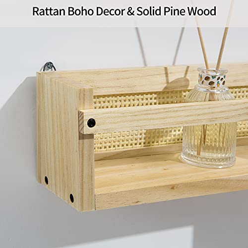 Petrala Boho Rattan Floating Shelves Set of 2, Natural Wood Wall Mounted Shelves for Wall Decor Bedroom Living Room Bathroom Office
