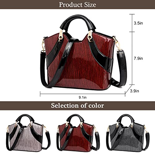 Womens Fashion Handbags Patent Leather Elegant Tote Crossbody Shoulder Bag Top Handle Bags (Red)