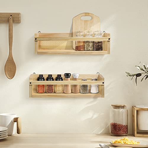 Petrala Boho Rattan Floating Shelves Set of 2, Natural Wood Wall Mounted Shelves for Wall Decor Bedroom Living Room Bathroom Office