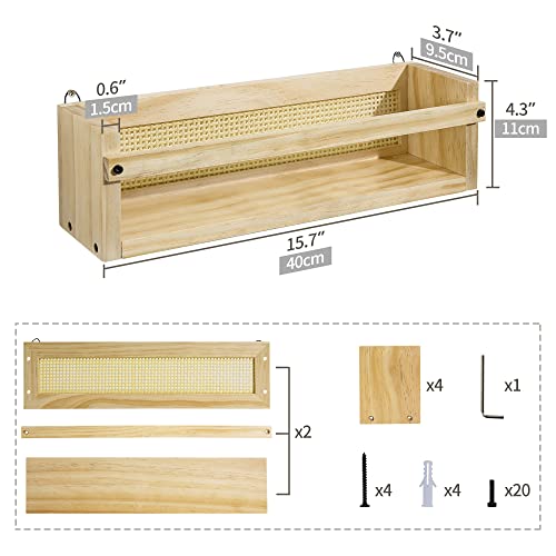 Petrala Boho Rattan Floating Shelves Set of 2, Natural Wood Wall Mounted Shelves for Wall Decor Bedroom Living Room Bathroom Office