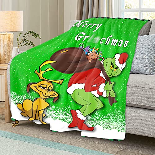 Caupzok Anime Christmas Blankets, Flannel Lightweight Plush Warm Green Throw Blanket with 1 Pillow Cover for Couch Sofa Bedding or Decoration Living Room, Soft Throw, 50 × 60 inch
