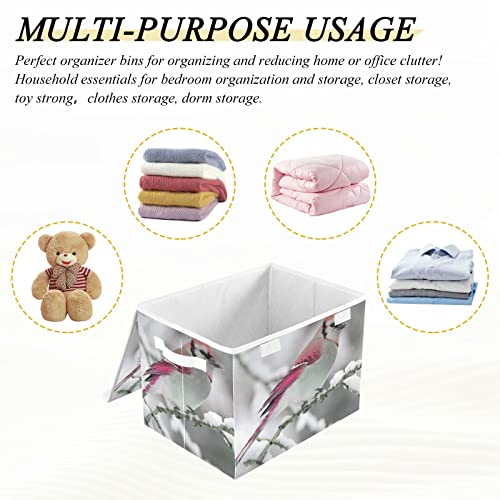 WELLDAY Winter Birds Snow Branch Storage Baskets Foldable Cube Storage Bin with Lids and Handle, 16.5x12.6x11.8 In Storage Boxes for Toys, Shelves, Closet, Bedroom, Nursery