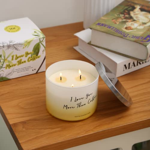 Vanilla Caramel Latte 3 Wick Soy Candle | I Love You More Than Coffee Scented Candle | Aromatherapy Candle for Home 15.8 oz | Strong Coffee Candles with Message for Him & Her, Mothers Day Candle Gifts