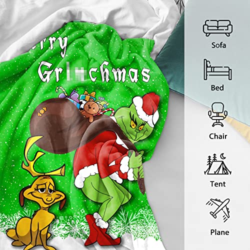 Caupzok Anime Christmas Blankets, Flannel Lightweight Plush Warm Green Throw Blanket with 1 Pillow Cover for Couch Sofa Bedding or Decoration Living Room, Soft Throw, 50 × 60 inch