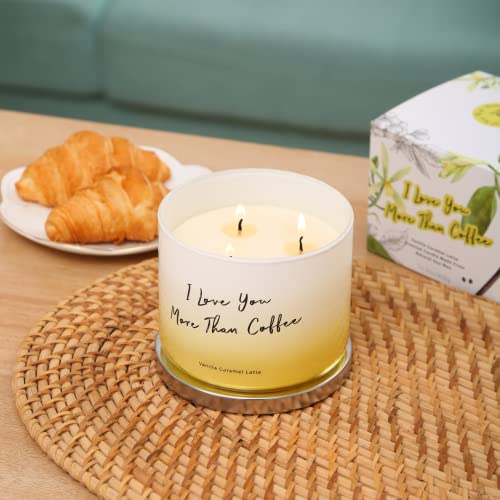 Vanilla Caramel Latte 3 Wick Soy Candle | I Love You More Than Coffee Scented Candle | Aromatherapy Candle for Home 15.8 oz | Strong Coffee Candles with Message for Him & Her, Mothers Day Candle Gifts