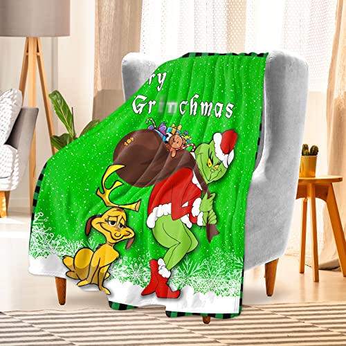Caupzok Anime Christmas Blankets, Flannel Lightweight Plush Warm Green Throw Blanket with 1 Pillow Cover for Couch Sofa Bedding or Decoration Living Room, Soft Throw, 50 × 60 inch