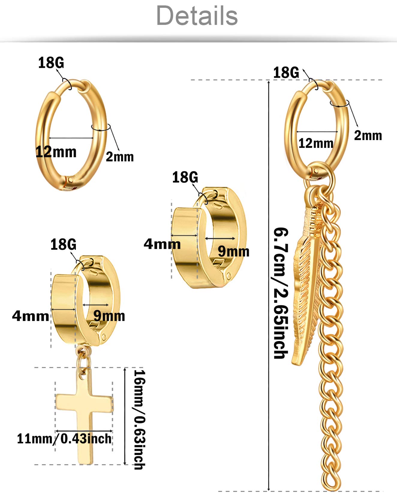 Ofeiyaa 4 Pairs Stainless Steel Dangle Hinged Hoop Earrings Huggie Earrings Piercing CZ Stud for Men Women Silver