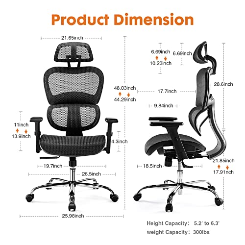 SMUG Ergonomic Large High Back Office Ergo3D Rolling Desk 4D Armrest,3D Lumbar Support,Adjustable Headrest,Breathable Mesh Computer Gaming Executive Swivel Chairs, Black