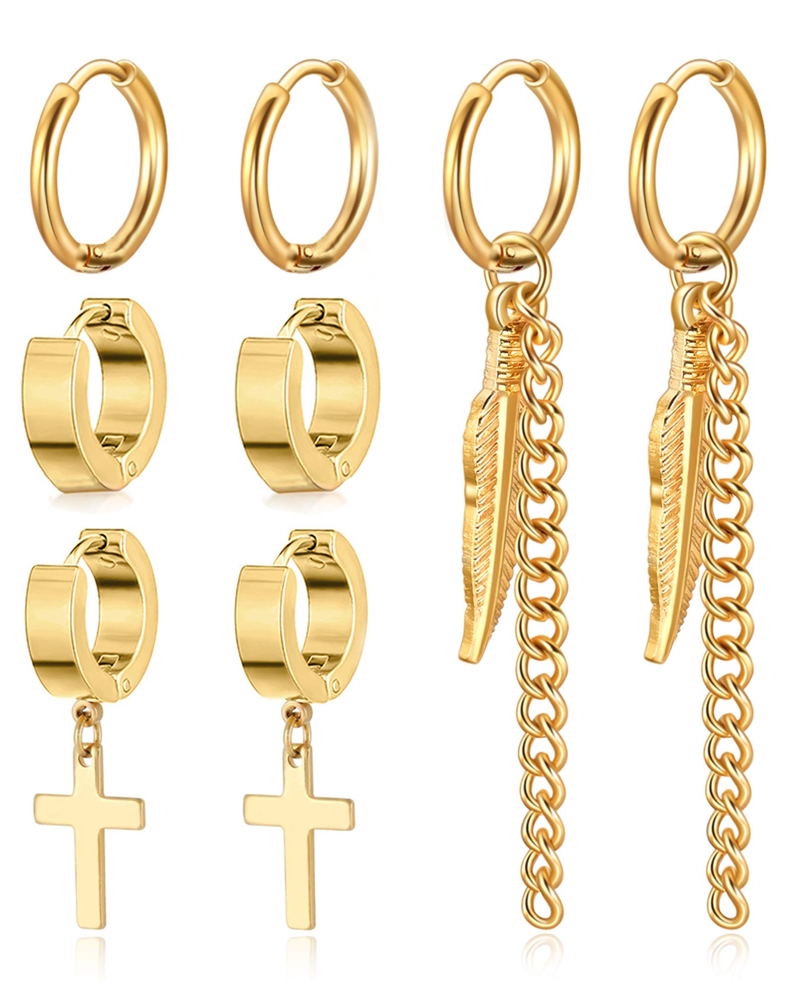 Ofeiyaa 4 Pairs Stainless Steel Dangle Hinged Hoop Earrings Huggie Earrings Piercing CZ Stud for Men Women Silver