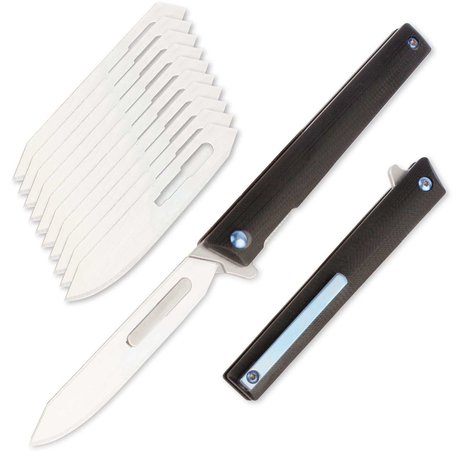 TENCHILON G37 Small Pocket Scalpel Knife, 10pcs #60 Replaceable Blades, Compact Slim Gentleman's Flipper Folding Scalpel EDC Utility Knives with Blue Titanium Pocket Clip (Black)