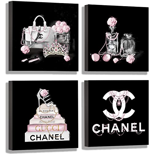 Meetdeceny Black And White Wall Art/Pink Book Pictures Room Decor for Teen Girls/Women Handbag Perfume Wall Decor for Living Room/Fashion Canvas Artwork Size 10"x 10"x 4 Pieces