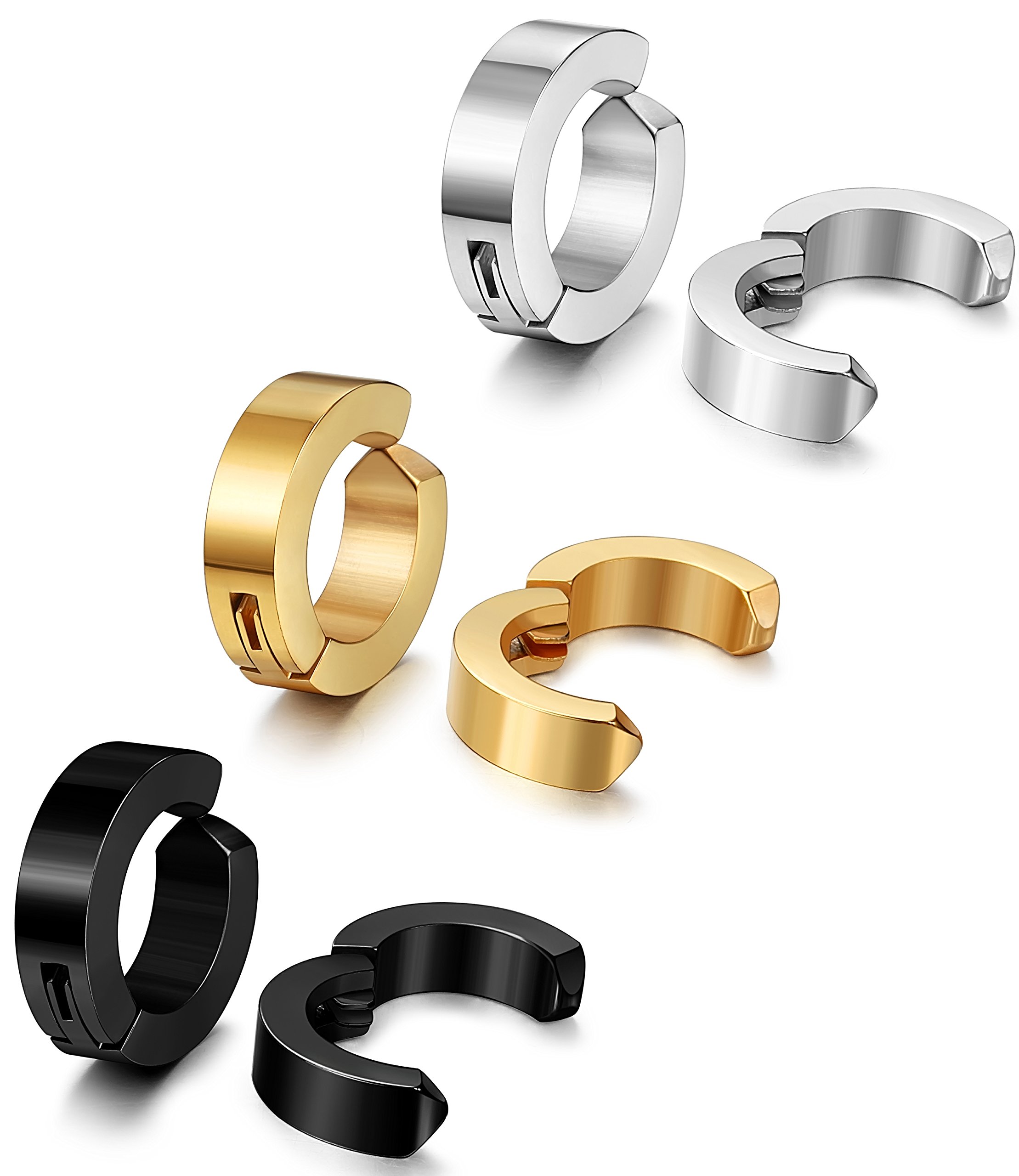 Jstyle Stainless Steel Mens Womens Clip On Earrings Hoop Huggie Non-Piercing 3 Pairs a Set