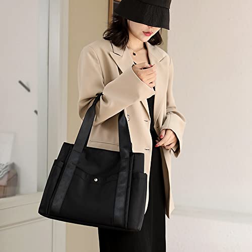 Women Tote Shoulder Handbag Waterproof Nylon Hobo Purse Multi Pocket Top Handle Shopper Shoulder Bag Black-1