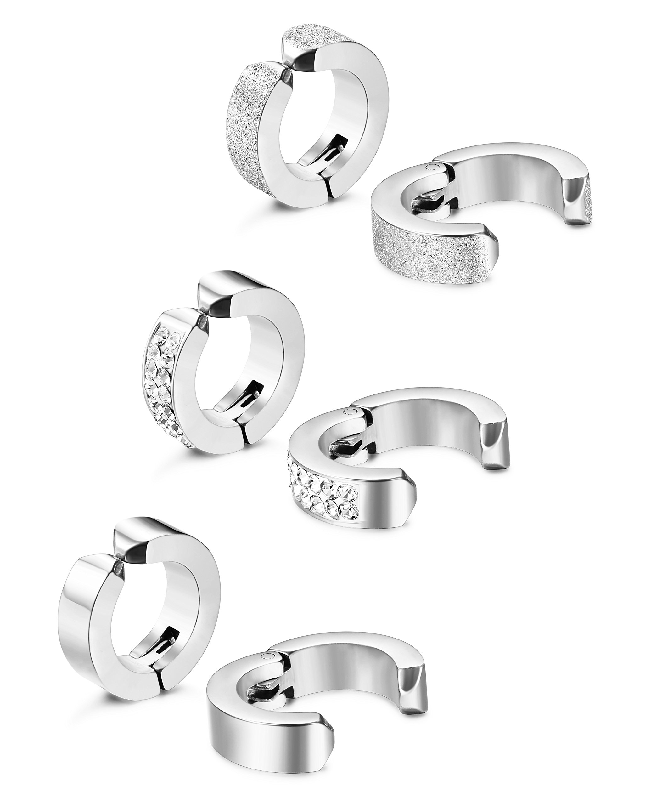 Jstyle 3 Pairs Stainless Steel Mens Womens Hoop Earrings Clip On CZ Non-Piercing S