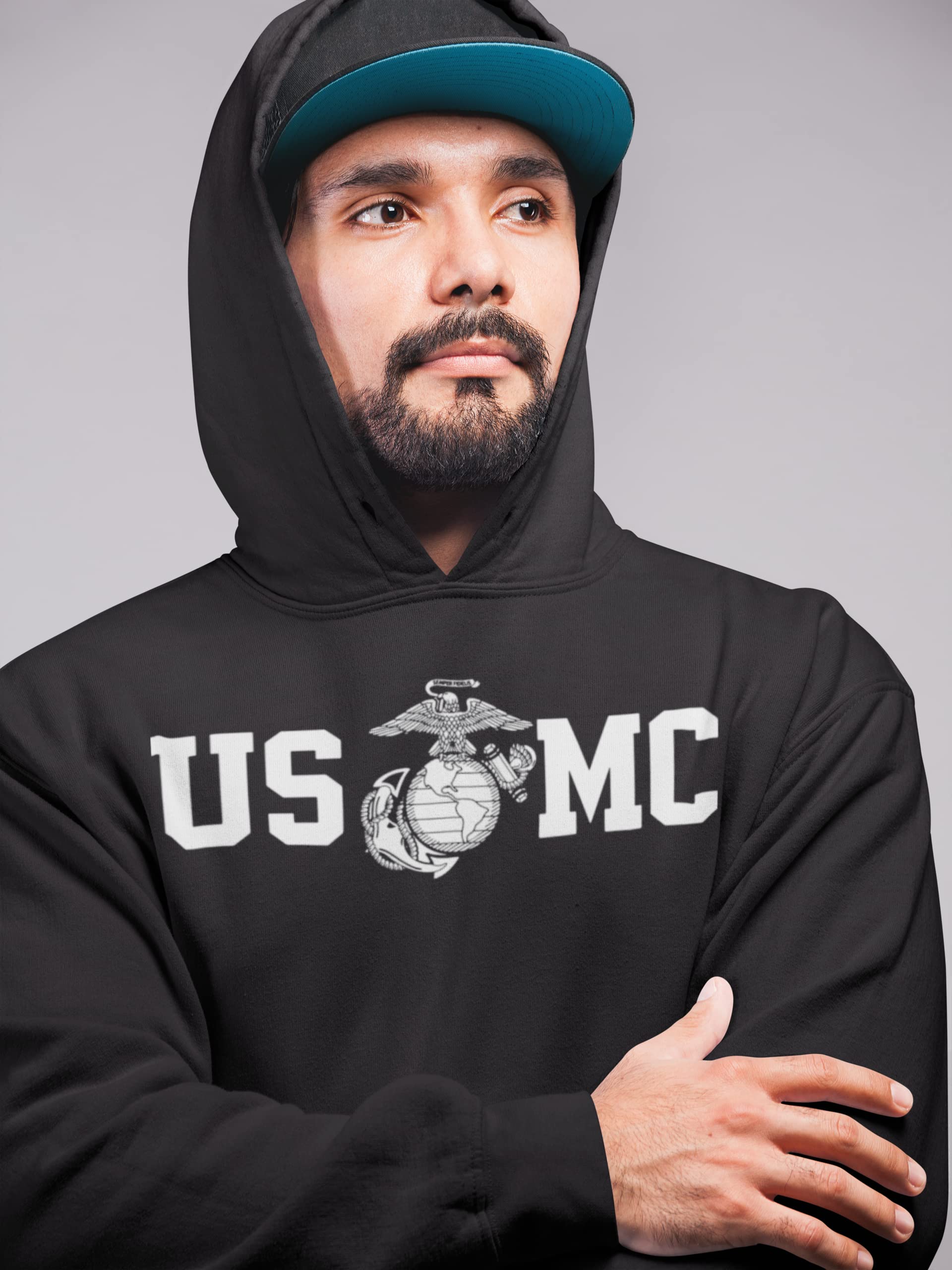 Lucky Ride Marine Corps USMC SWEATSHIRT HOODIE with Globe in CENTER, Black, S