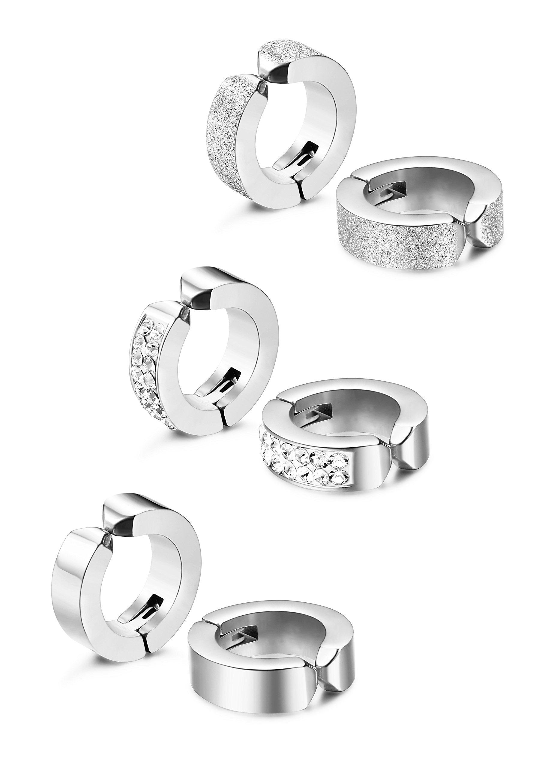 Jstyle 3 Pairs Stainless Steel Mens Womens Hoop Earrings Clip On CZ Non-Piercing S
