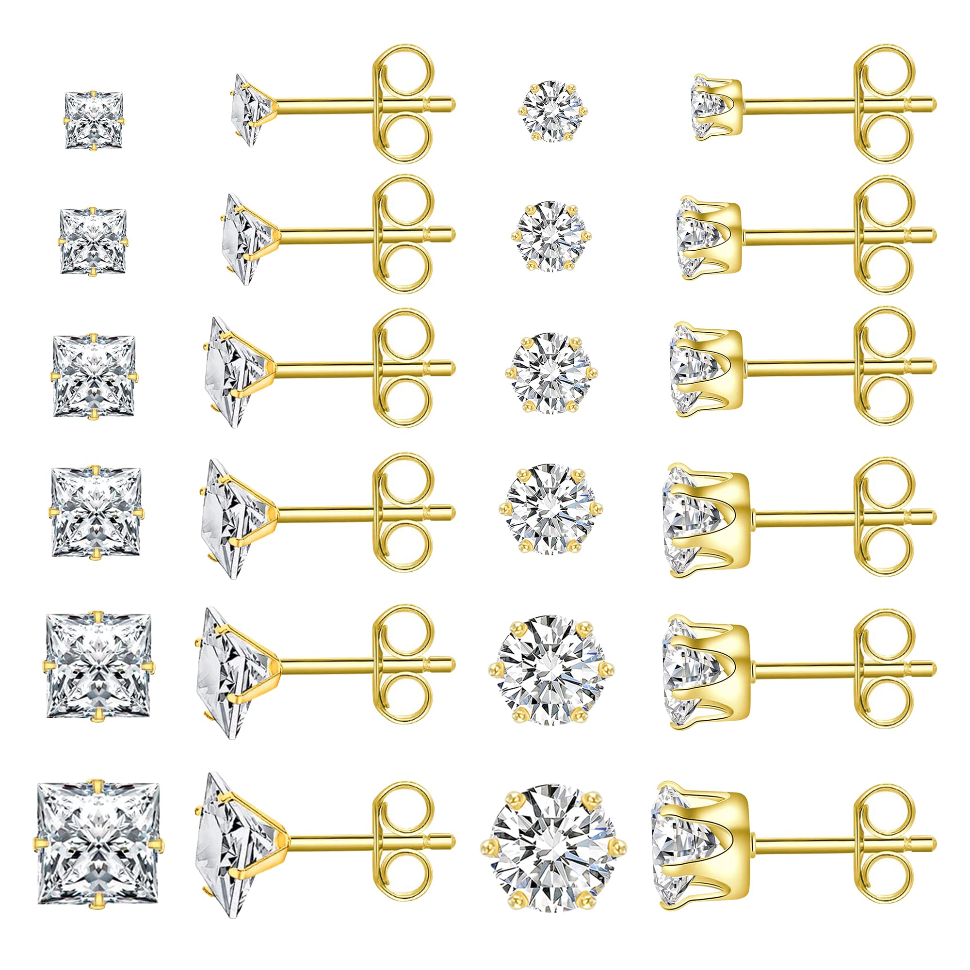 COZLANE Gold Stud Earrings For Men Women Multipack Stainless Steel Cubic Zirconia Earrings Studs Gold Hypoallergenic Earrings Sets For Women(12 Pairs,3-8 MM)