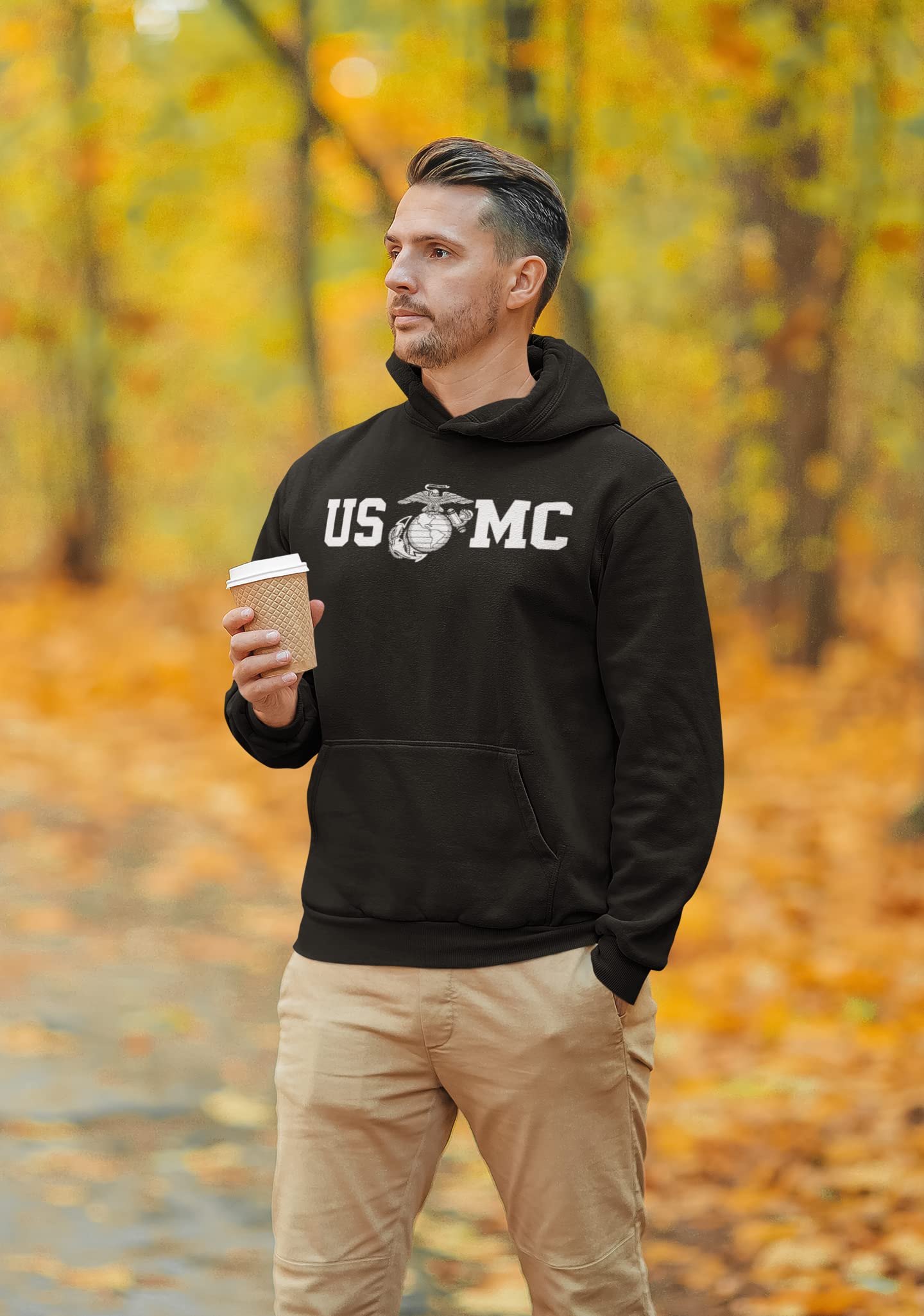 Lucky Ride Marine Corps USMC SWEATSHIRT HOODIE with Globe in CENTER, Black, S