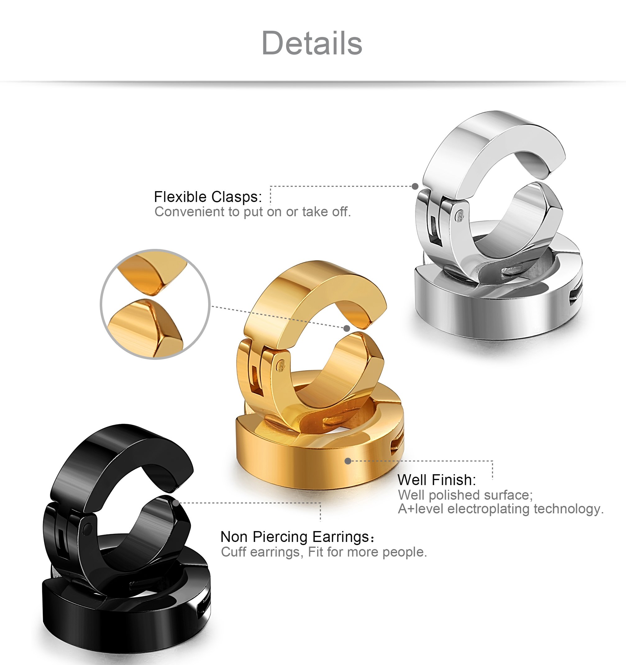 Jstyle Stainless Steel Mens Womens Clip On Earrings Hoop Huggie Non-Piercing 3 Pairs a Set