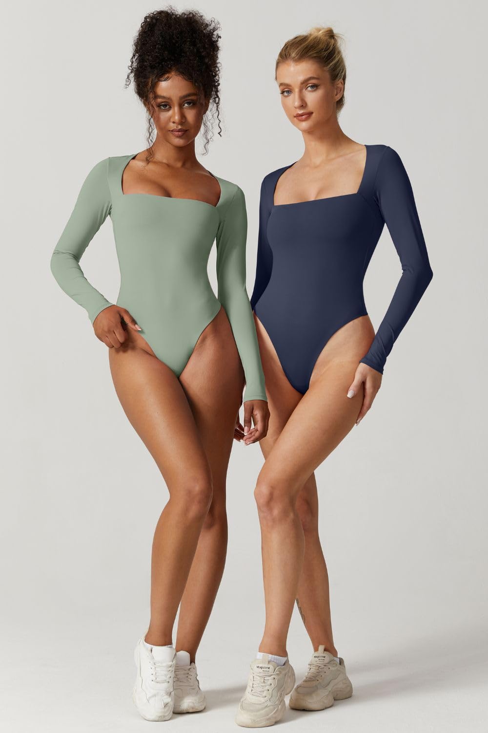 QINSEN Bodysuit for Women Long Sleeve Sexy Square Neck Double Lined Shirt Estate Blue M
