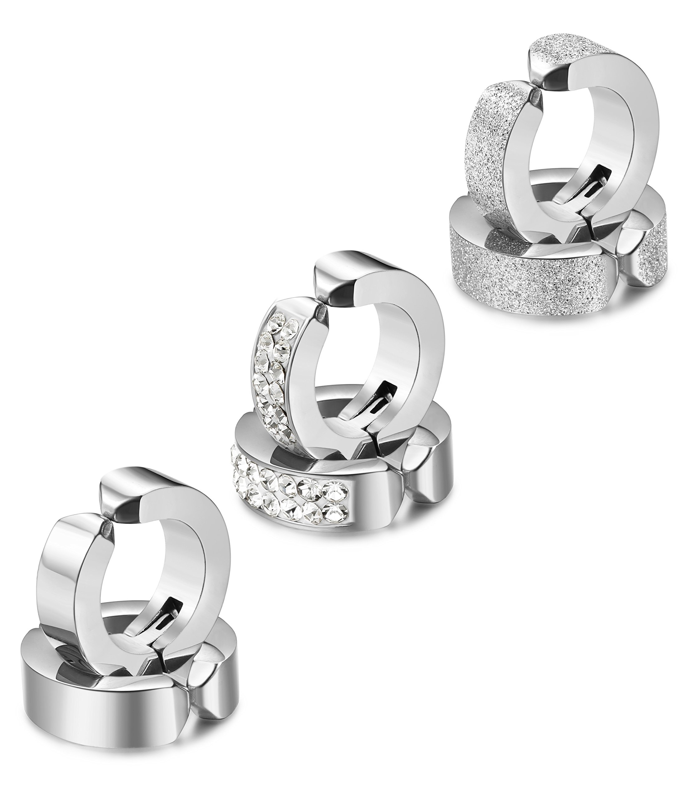 Jstyle 3 Pairs Stainless Steel Mens Womens Hoop Earrings Clip On CZ Non-Piercing S
