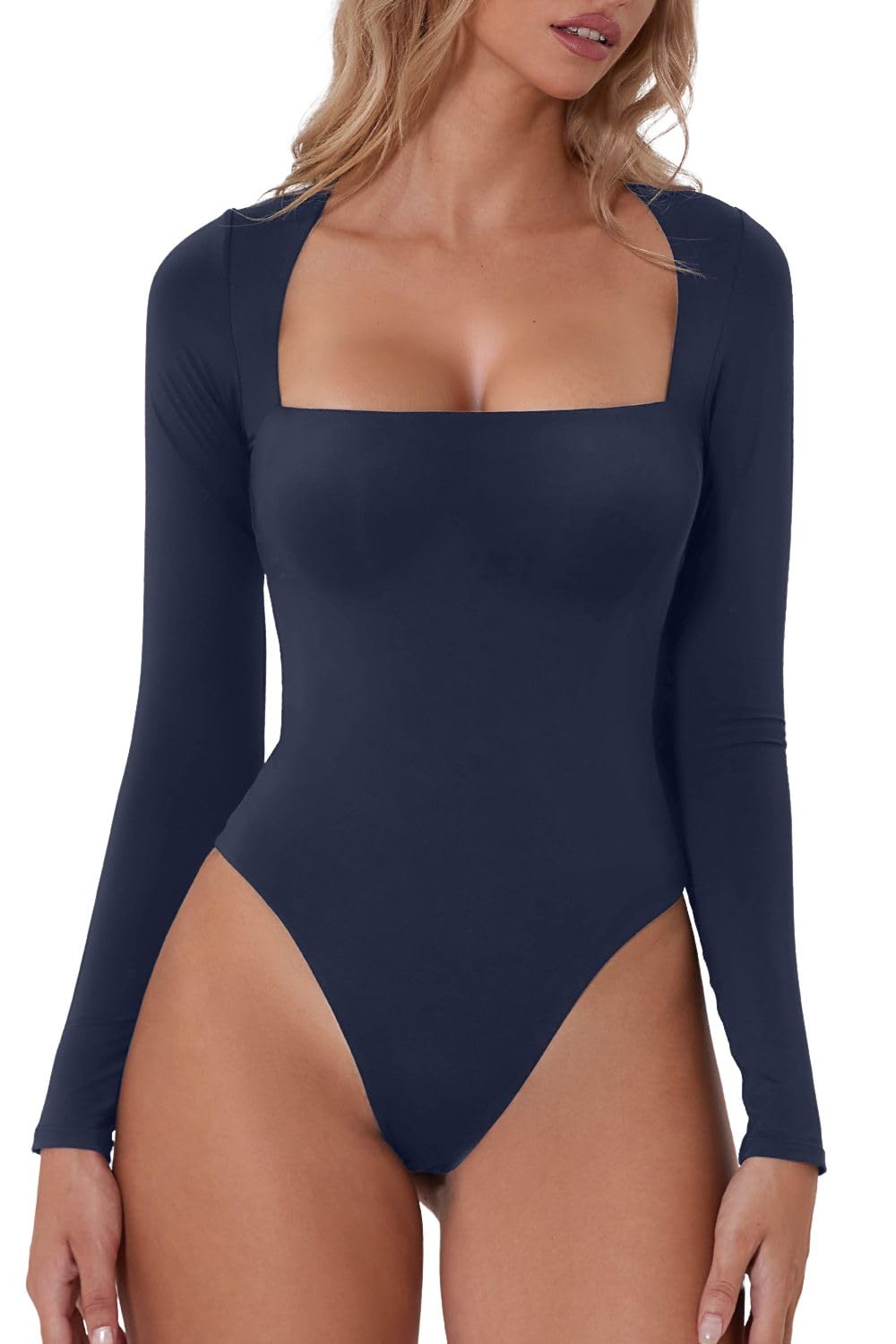 QINSEN Bodysuit for Women Long Sleeve Sexy Square Neck Double Lined Shirt Estate Blue M