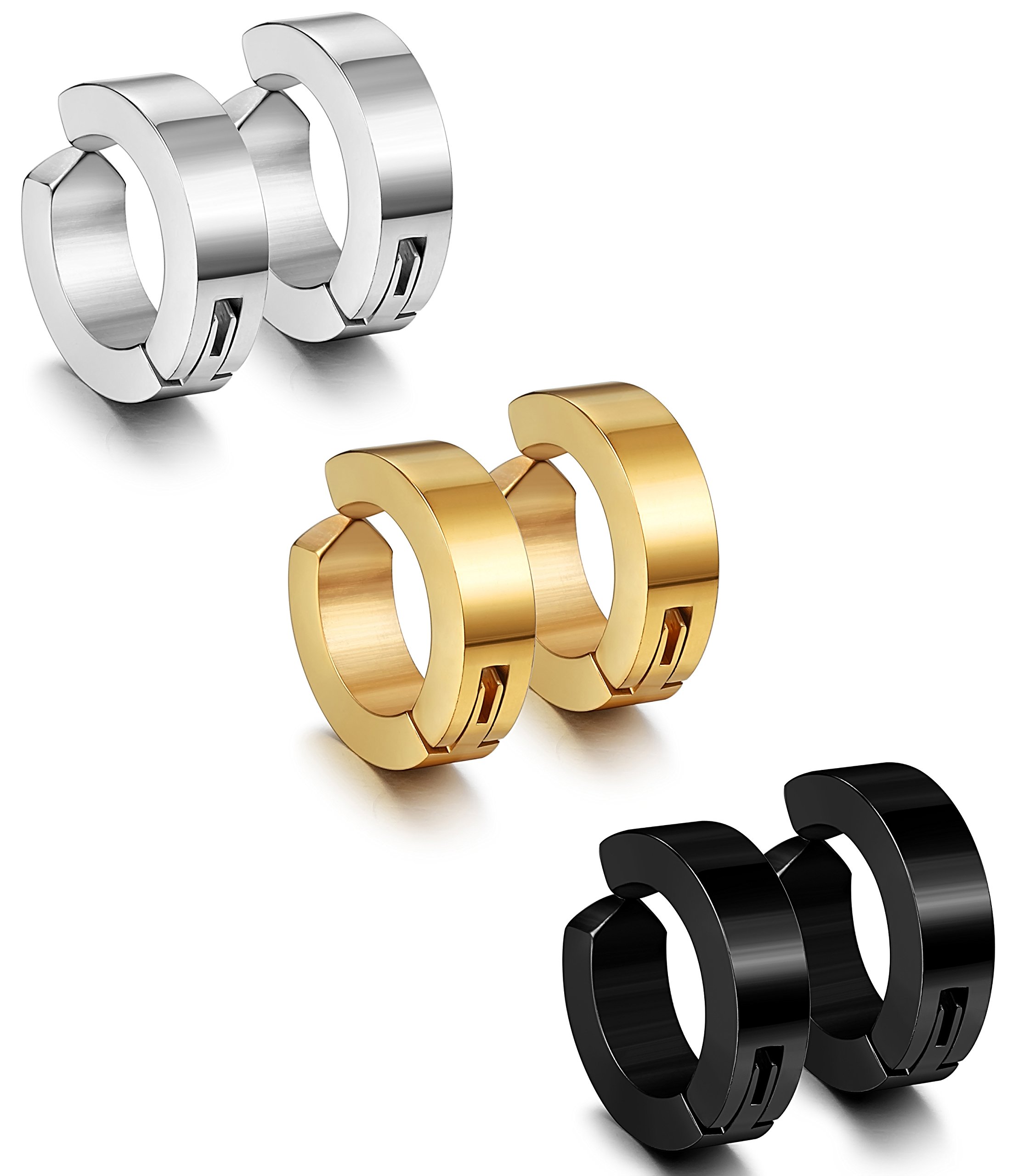 Jstyle Stainless Steel Mens Womens Clip On Earrings Hoop Huggie Non-Piercing 3 Pairs a Set