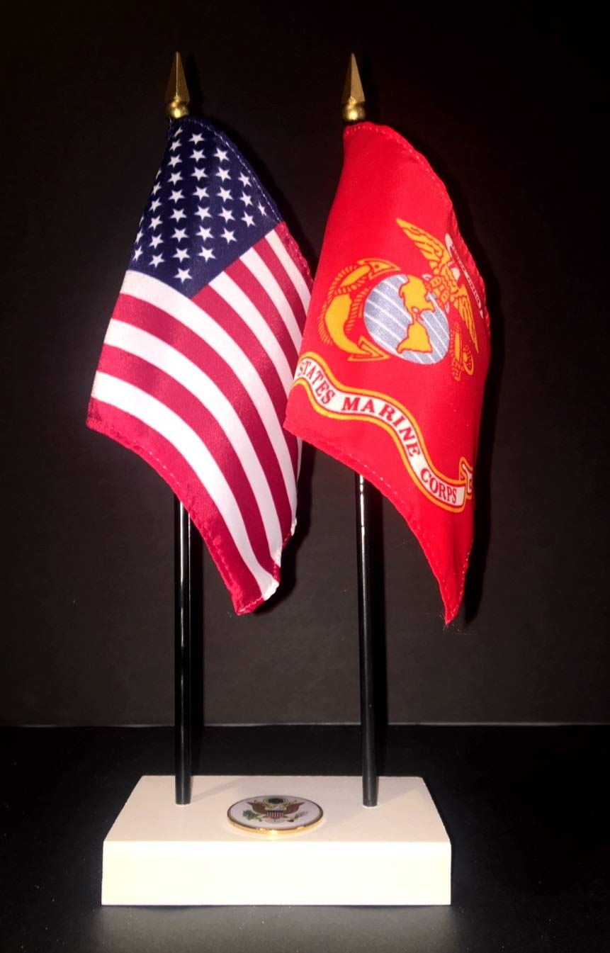 1 American and 1 United States Marine Corps Rayon 4x6 Inch Office Desk & Little Table Flag Executive Set, Includes a 2-hole White ArcticSno Flag Base with a USA Great Seal and 2 Flags, Made in USA
