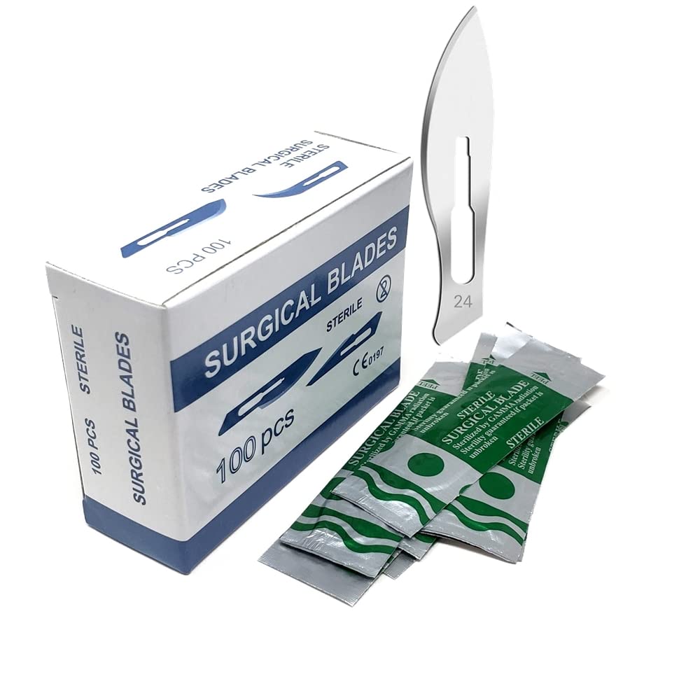 Box of 100 Scalpel Sterile Blades Carbon Steel Individually Foil Wrapped (Blade #24)