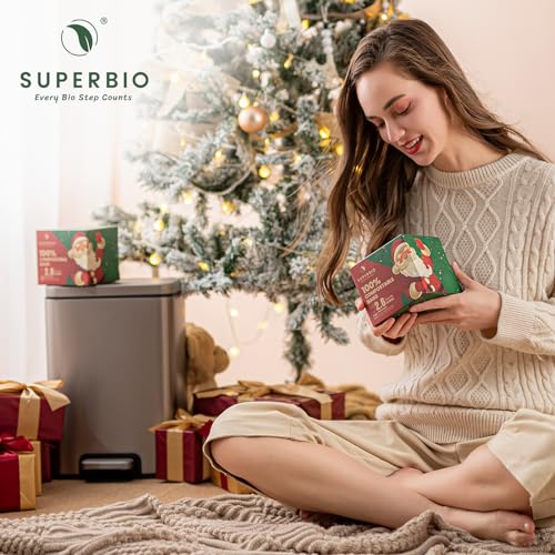 SUPERBIO 2.6 Gallon Compostable Handle Tie Food Waste Bags, 100 Count, 1 Pack, Christmas Gift Package,Christmas Special Edition