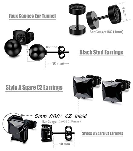 FIBO STEEL 10 Pairs Stainless Steel Black Stud Earrings for Men Women Huggie Earring Ear Piercing Set Hoop