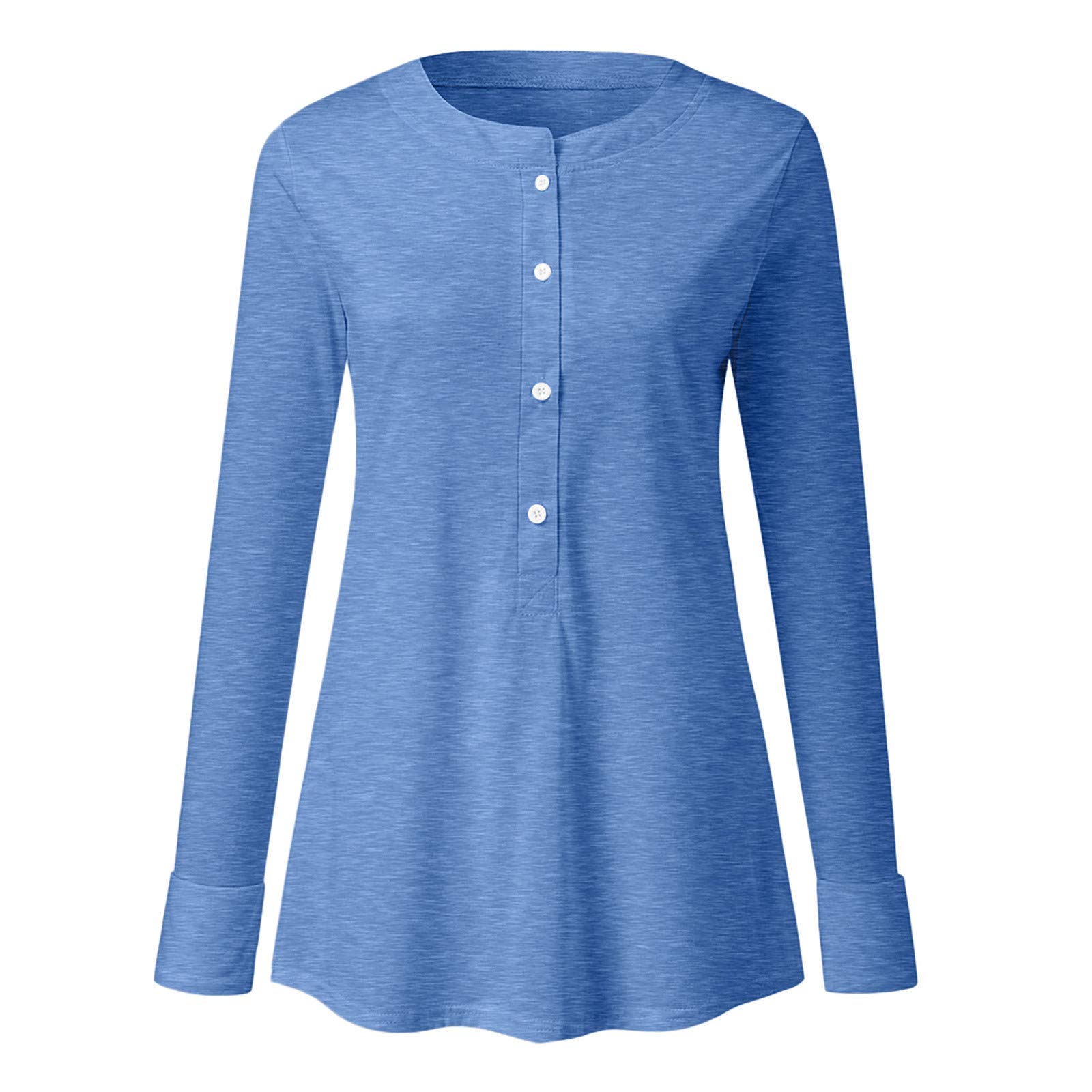 Aniywn Women's Ladies Thin Long Sleeve Tunic T-Shirt Baggy V-Neck Buttons Pure Color Tee Pullover Blouse Blue