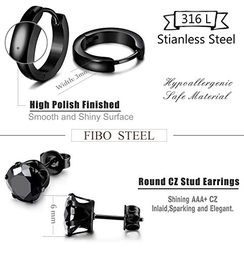 FIBO STEEL 10 Pairs Stainless Steel Black Stud Earrings for Men Women Huggie Earring Ear Piercing Set Hoop
