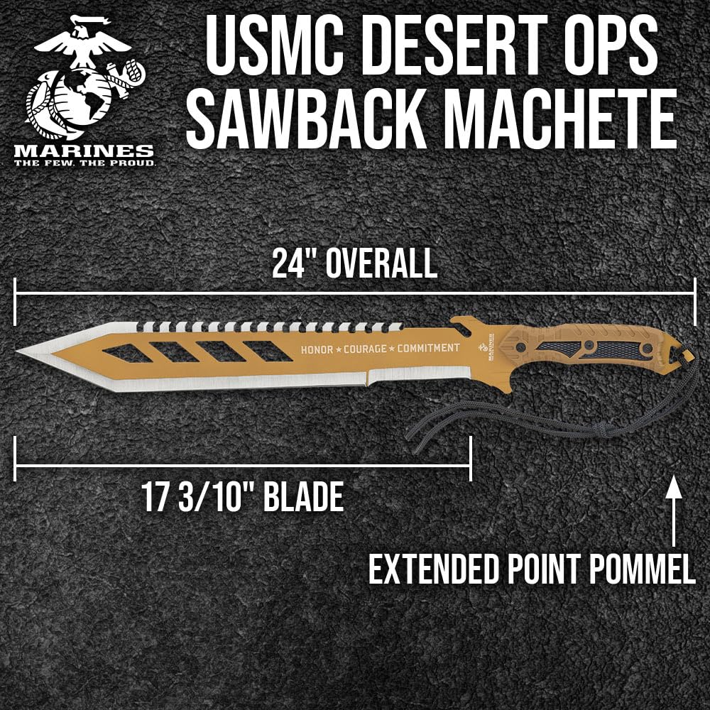 USMC Desert OPS Sawback Machete with Shoulder Strap Sheath - Officially Licensed By United States Marine Corps, Stainless Steel Blade, Non-Reflective Finish, ABS Handle - For Outdoors Job - Length 24"