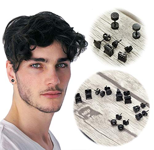 FIBO STEEL 10 Pairs Stainless Steel Black Stud Earrings for Men Women Huggie Earring Ear Piercing Set Hoop