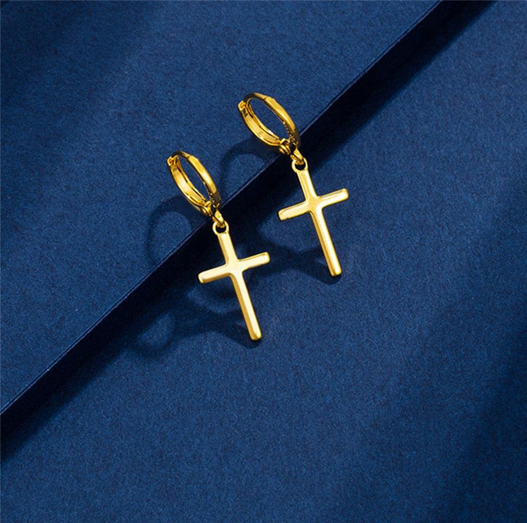 Mens Cross Earrings 24k Yellow Gold Plated Hoop with Snap Closure