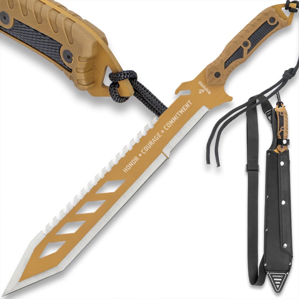USMC Desert OPS Sawback Machete with Shoulder Strap Sheath - Officially Licensed By United States Marine Corps, Stainless Steel Blade, Non-Reflective Finish, ABS Handle - For Outdoors Job - Length 24"