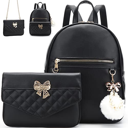 I IHAYNER Backpack Purse for Women, Girls Mini PU Leather Backpack Chain Shoulder Travel Bag with Detachable Handbags, 2 Pieces(Black)