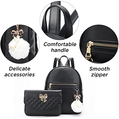 I IHAYNER Backpack Purse for Women, Girls Mini PU Leather Backpack Chain Shoulder Travel Bag with Detachable Handbags, 2 Pieces(Black)