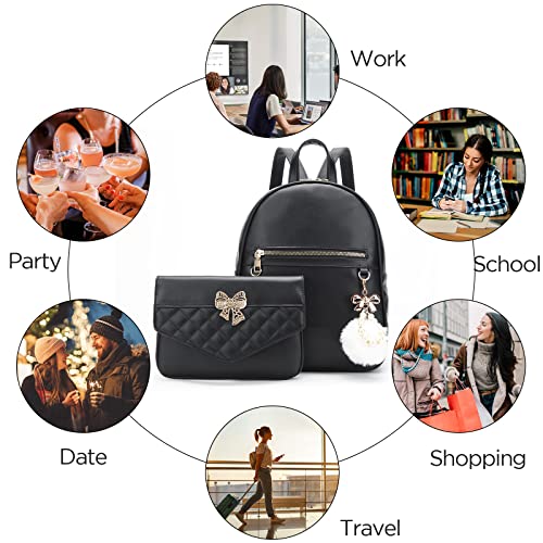 I IHAYNER Backpack Purse for Women, Girls Mini PU Leather Backpack Chain Shoulder Travel Bag with Detachable Handbags, 2 Pieces(Black)