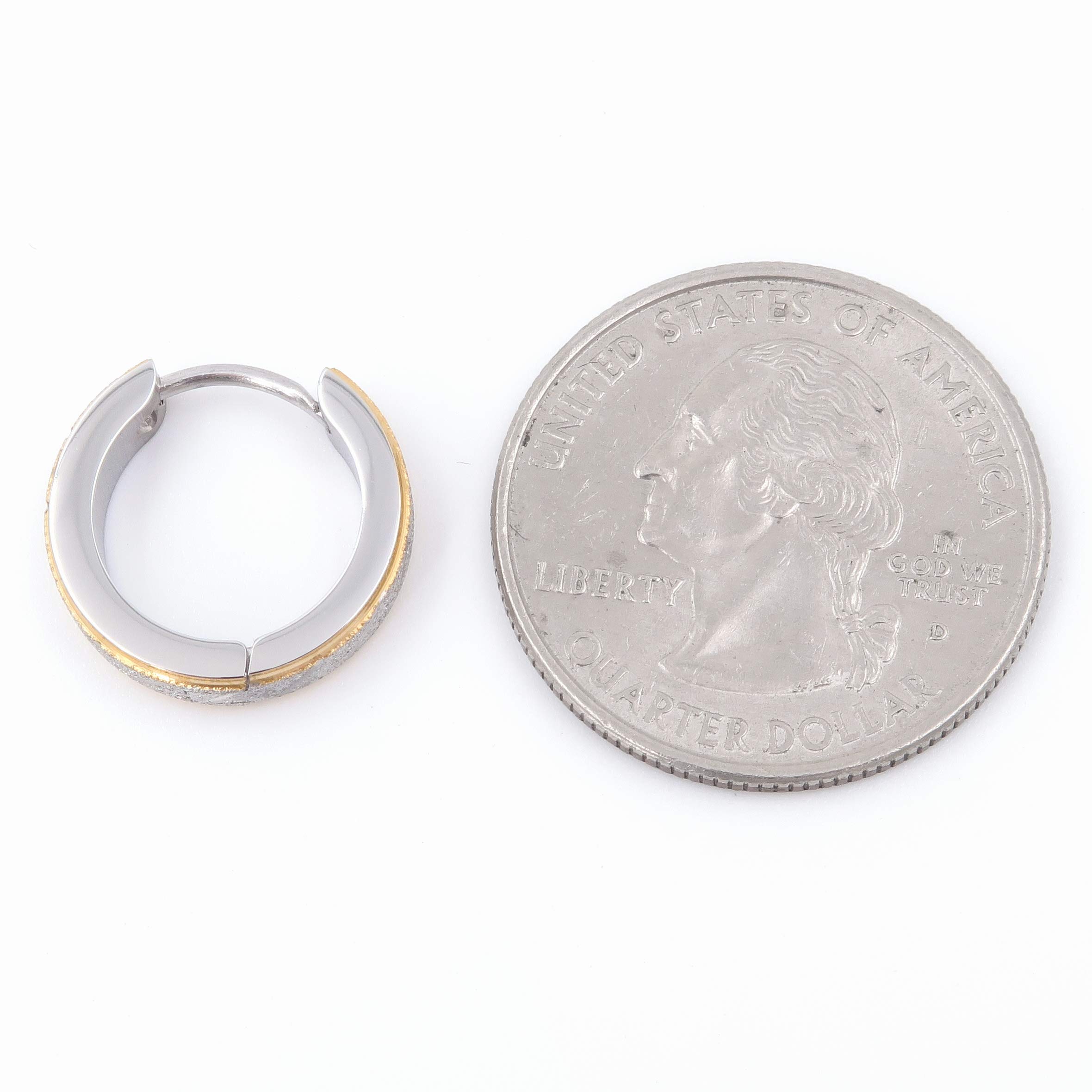 Stainless Steel Mens Hoop Earrings Stripe Gold Color Bevel Edge 16mm