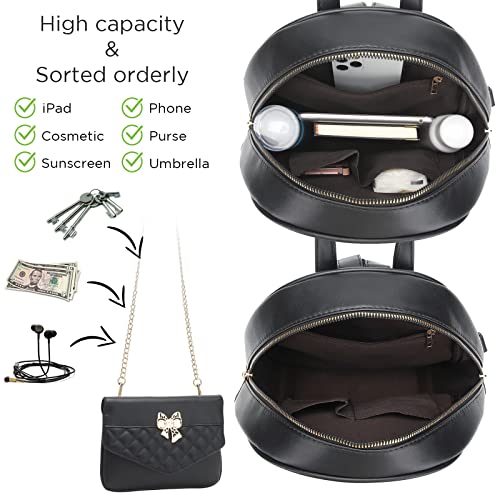 I IHAYNER Backpack Purse for Women, Girls Mini PU Leather Backpack Chain Shoulder Travel Bag with Detachable Handbags, 2 Pieces(Black)