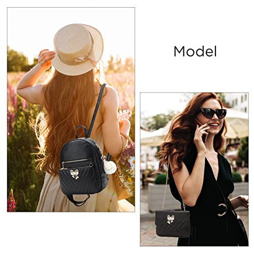 I IHAYNER Backpack Purse for Women, Girls Mini PU Leather Backpack Chain Shoulder Travel Bag with Detachable Handbags, 2 Pieces(Black)