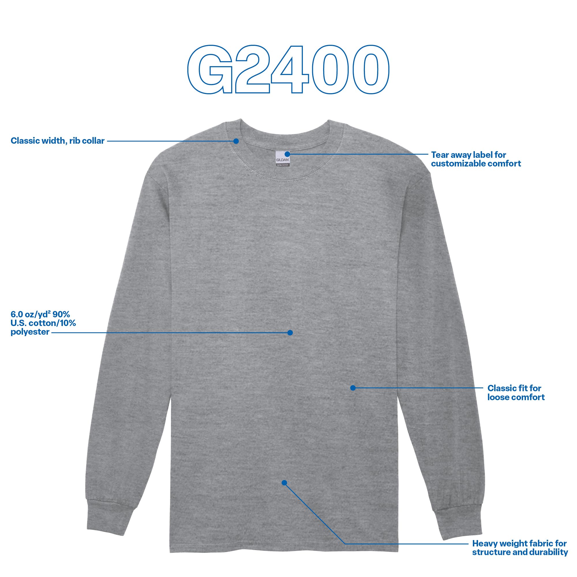 Gildan Men's Ultra Cotton Long Sleeve T-Shirt, Style G2400, Multipack, Sport Grey (2-Pack), Large