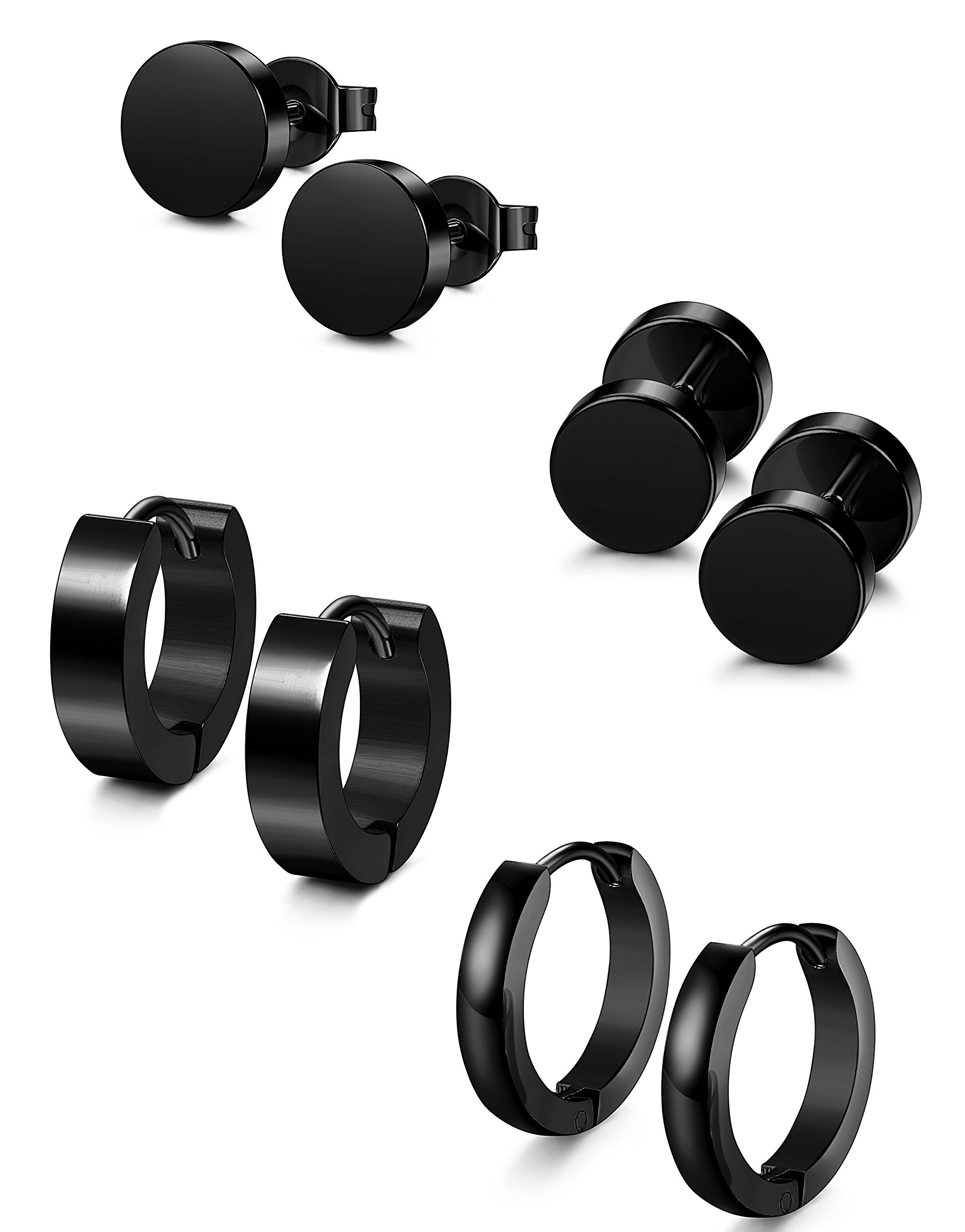 Jstyle 4 Pairs Hypoallergenic Black Stainless Steel Earrings For Sensitive Ears Simple Stud and Hoop Earrings Huggie Earring Set 18G