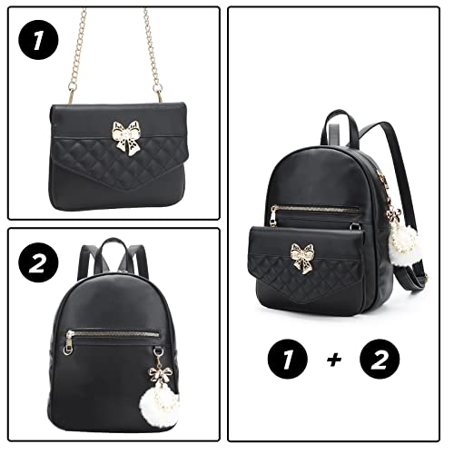 I IHAYNER Backpack Purse for Women, Girls Mini PU Leather Backpack Chain Shoulder Travel Bag with Detachable Handbags, 2 Pieces(Black)