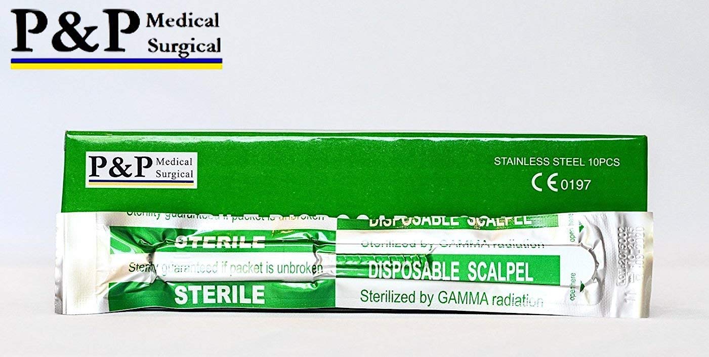 Disposable Scalpels Sterile Surgical Blade Size 12 Stainless Steel with Plastic Handle & Metric Line Individually Foil Wrapped Box of 10